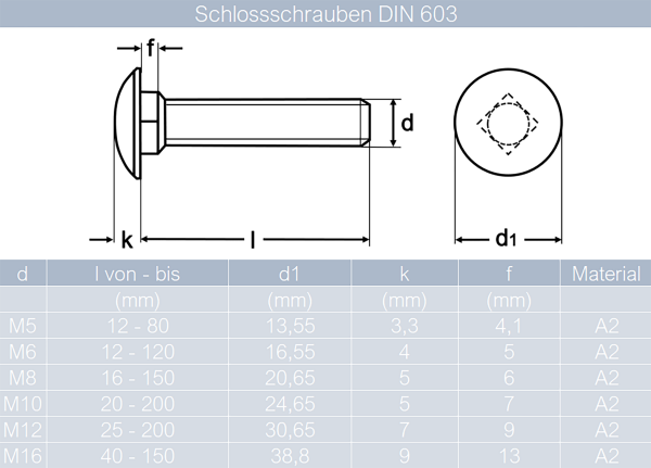 Schlossschrauben M5 X 12/12 bis M16 X 150/150 DIN 603 Edelstahl A2 un